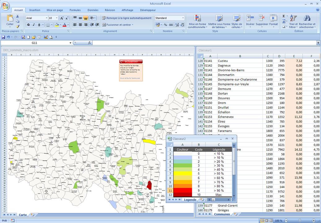 Carte Excel Macro Des Villes Et Communes De L Ain Avec Coloration Selon Carte Excel Macro Des Villes Et Communes De L Ain Avec Coloration Selon